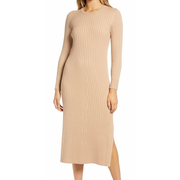 Wayf | Dresses | Wayf Dade Emily Ribbed Knit Sweater Dress Midi Camel ...